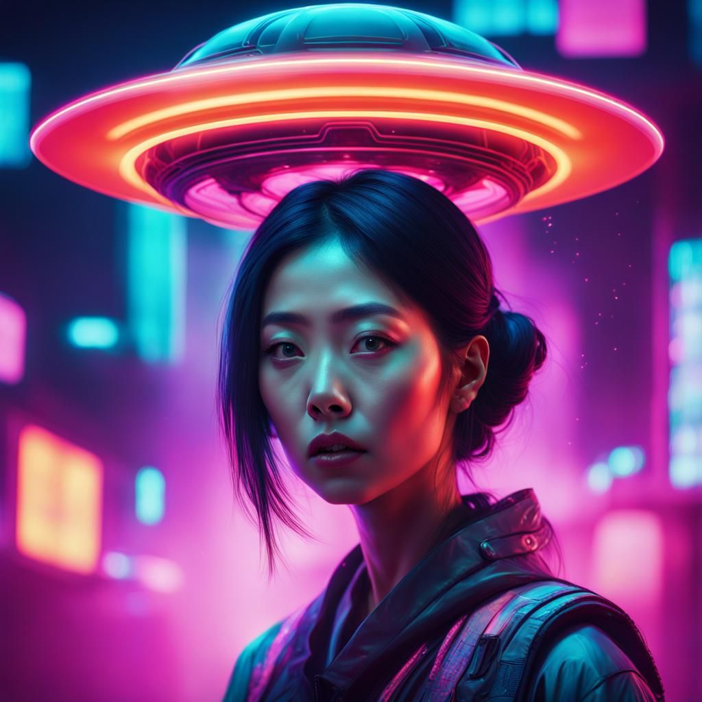 imagine double exposure of an asian woman with a neon flying saucer ...