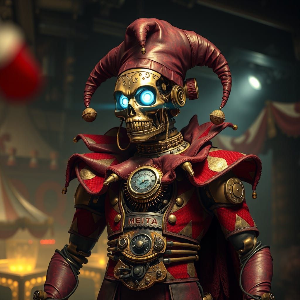 A mechanical jester, inspired by the surrealist flair of Zdzisław Beksiński, the industrial ...