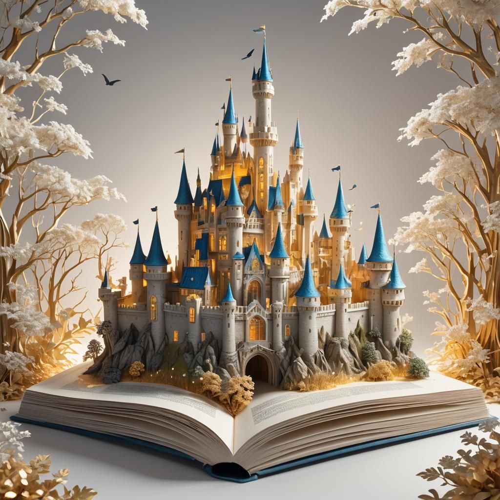 double exposure: A beautiful magic fairytale castle popping out of a 3d fairytale pop-up book ...