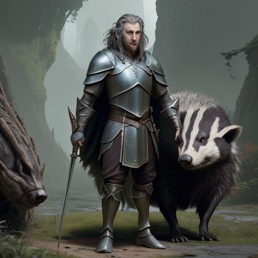 slim male hobbit knight with spear and shield standing next to a really ...