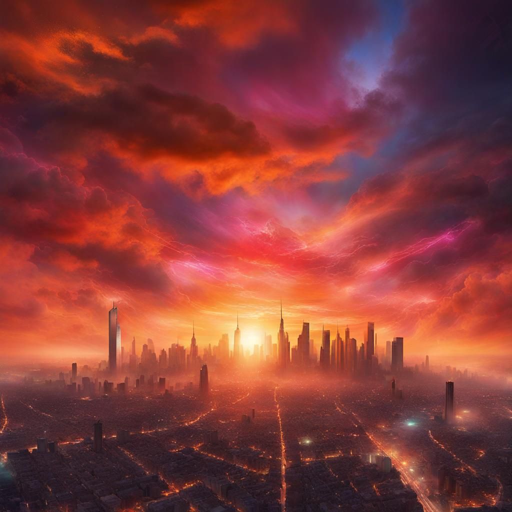 A magical surreal sunset paints the sky with fiery hues, casting an ...