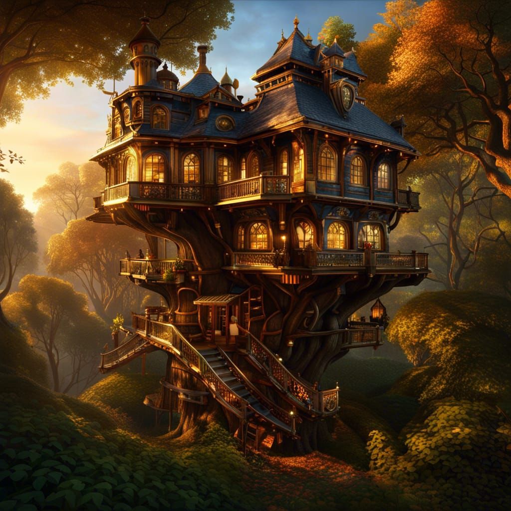 A steampunk treehouse in a forest - AI Generated Artwork - NightCafe Creator