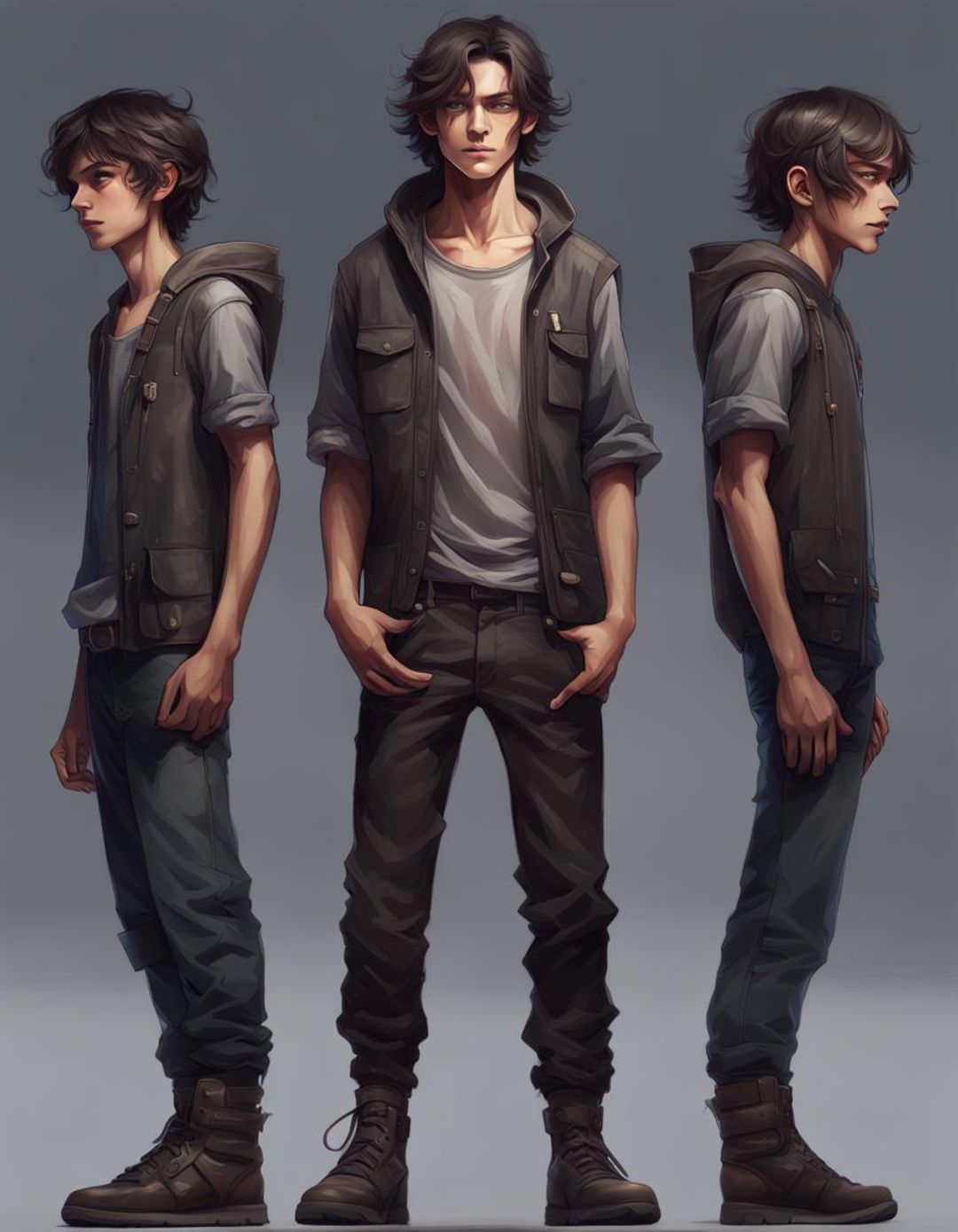 Young skinny teenager boy, long dark brown hair, dark grey overall ...
