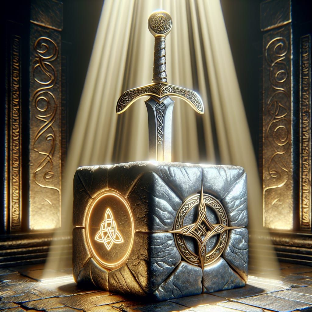 The sword in the rock, with golden runes, in an ancient temple