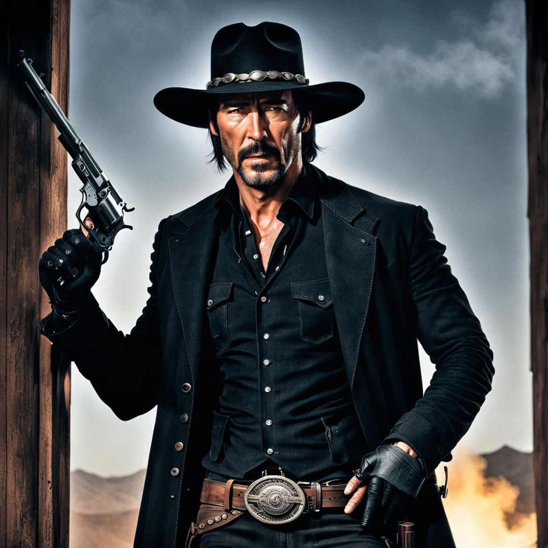 A dramatic and iconic image of a fierce Keanu Reeves cowboy gunslinger ...