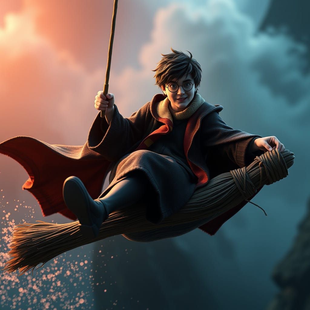 Harry Potter in Mid-Air Broomstick Ride - AI Art