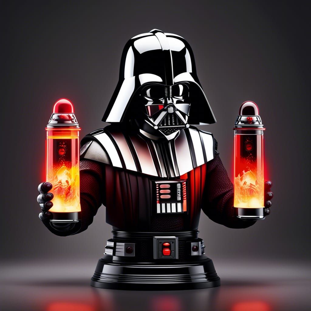 Darth Vader holding a lava-lamp in his hand, watching on lava-lamp with ...