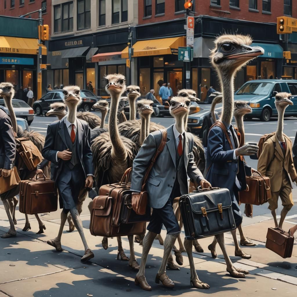 Bunch of ostriches walking down a busy sidewalk in new York carrying ...