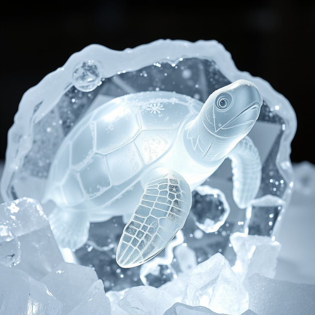 Ice sculpture of swimming turtle - Ice sculpture of swimming...