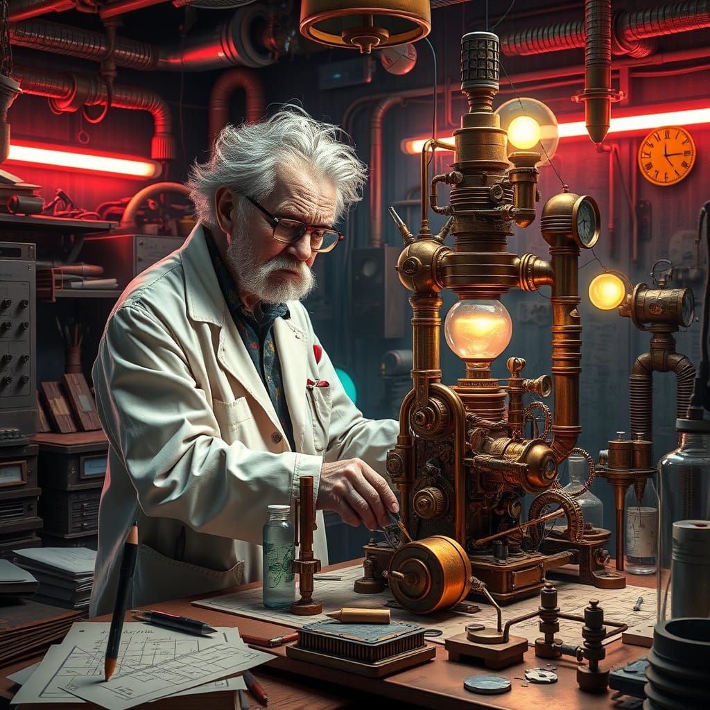 Create an image An ingenious elderly scientist, dressed in a white lab ...