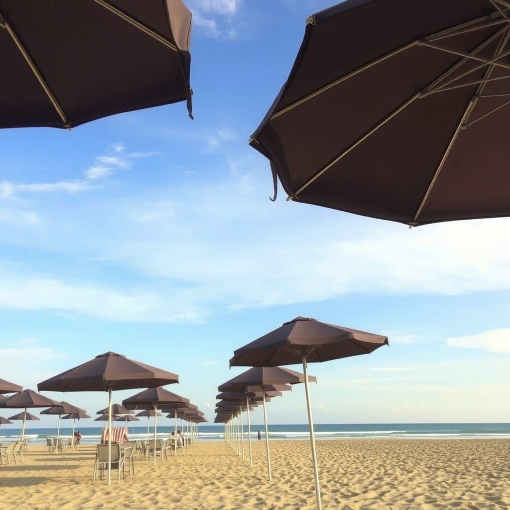 Steel umbrellas on the beach. - Industrial Beach Umbrellas A...