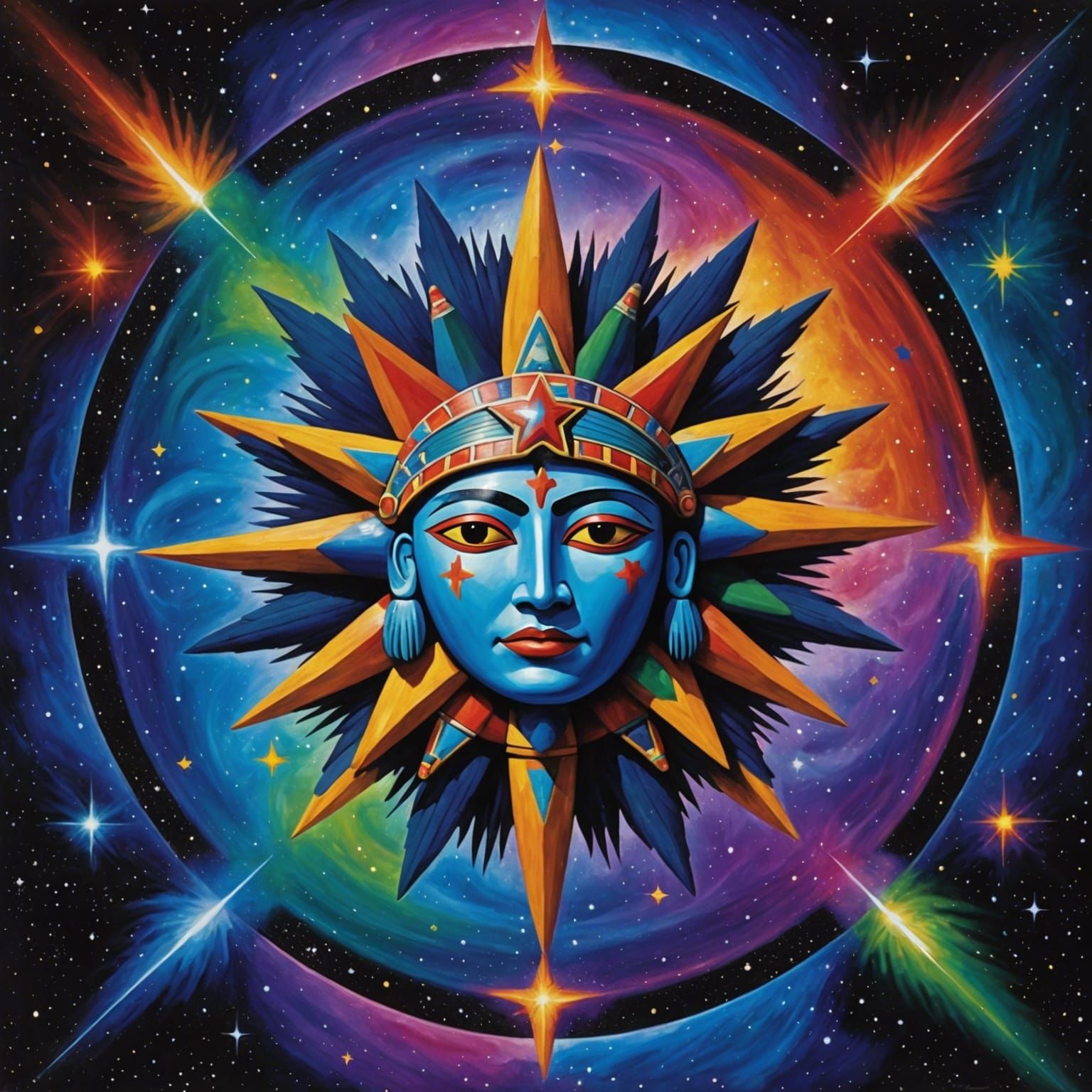 A cosmic creation scene featuring a blue star at the center, portrayed ...