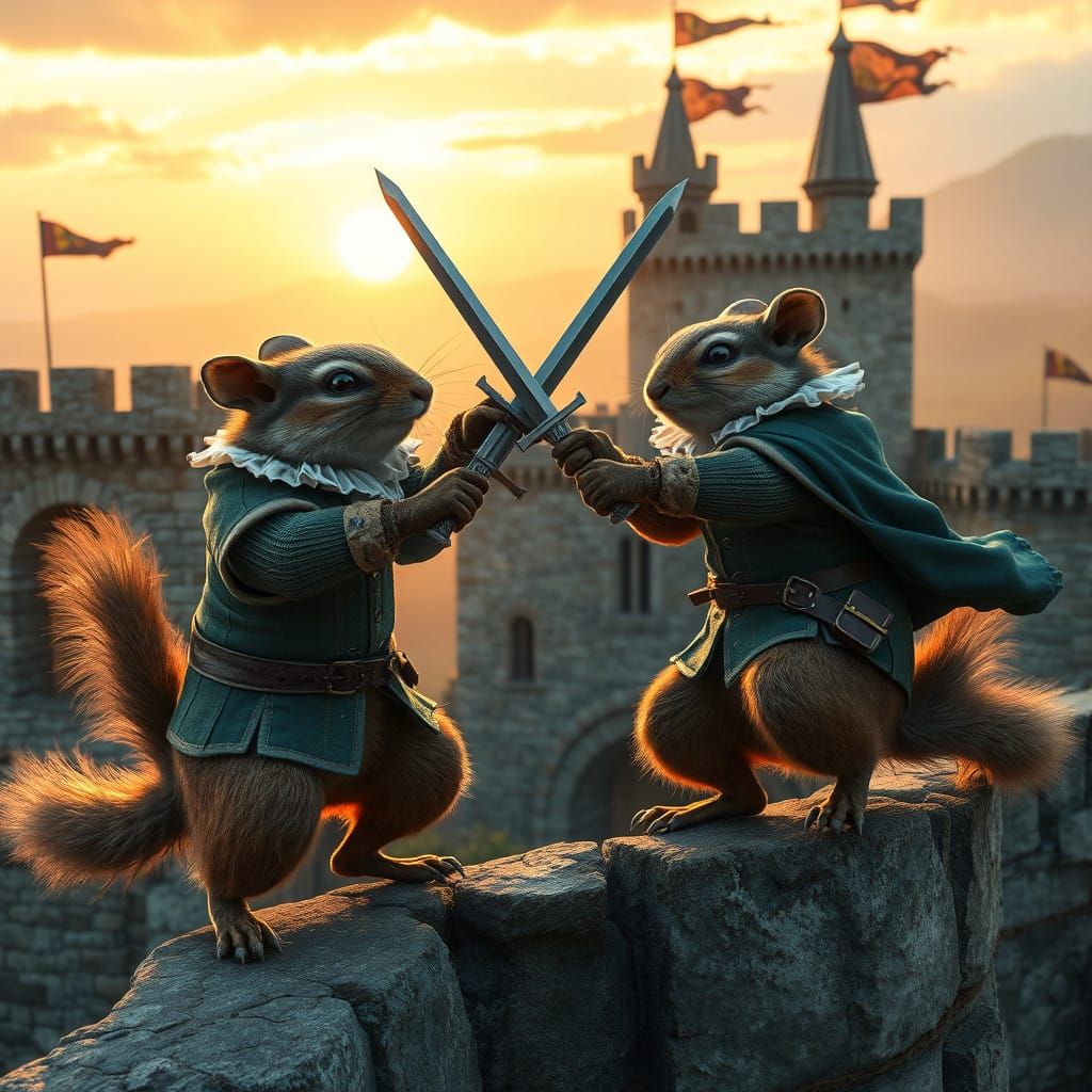 Squirrels Clash in 16th Century Sword Fight on Cas... - AI Art