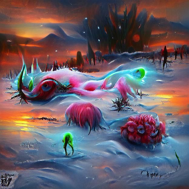 Exotic alien tundra with bioluminescent moss and a red sky fantasy ...