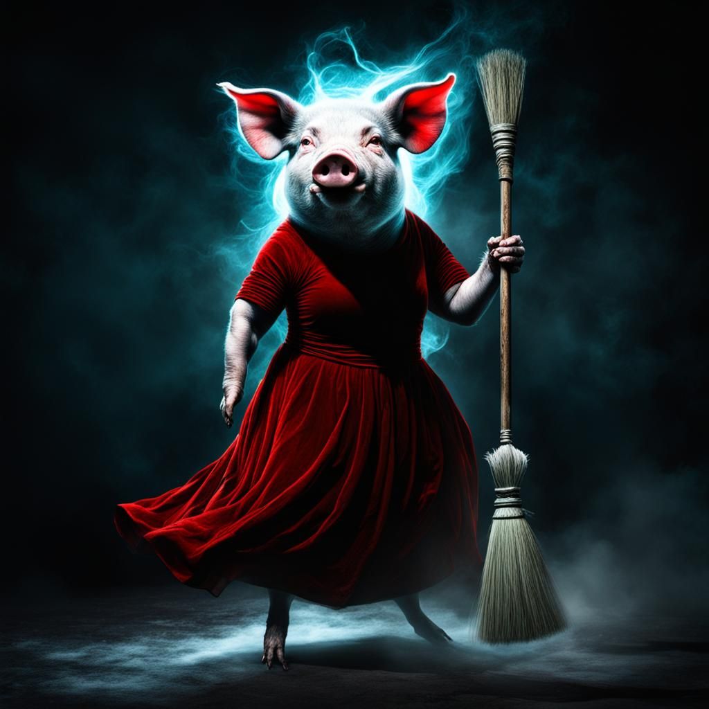 Alien pig with broom - AI Generated Artwork - NightCafe Creator