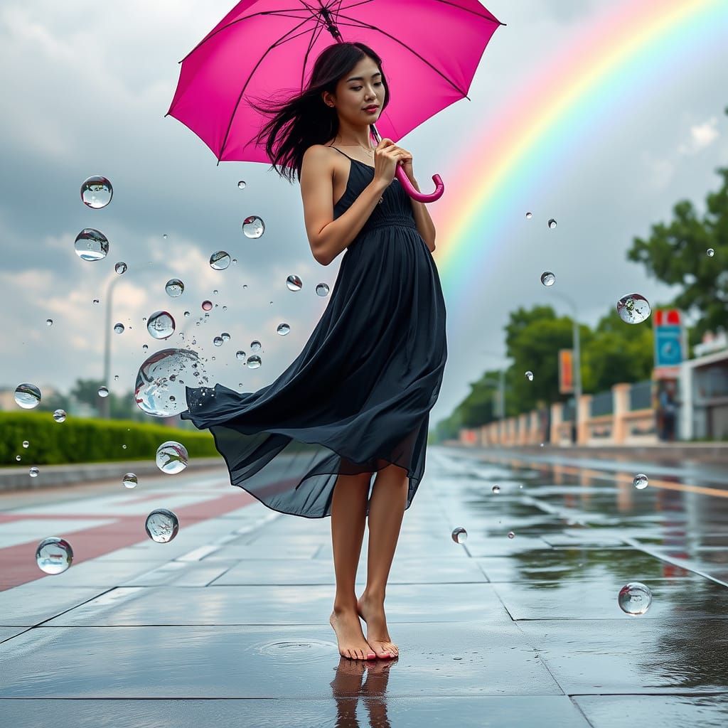 A worm's-eye from the sidewalk of a delighted Asian woman standing ...