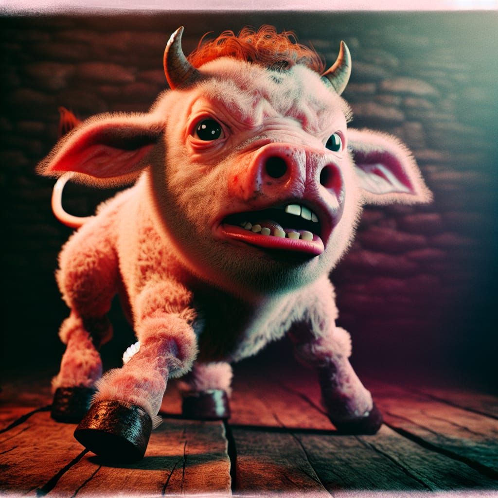 stunning image of a cute adorable wacky baby bull, moody, grainy, noisy ...