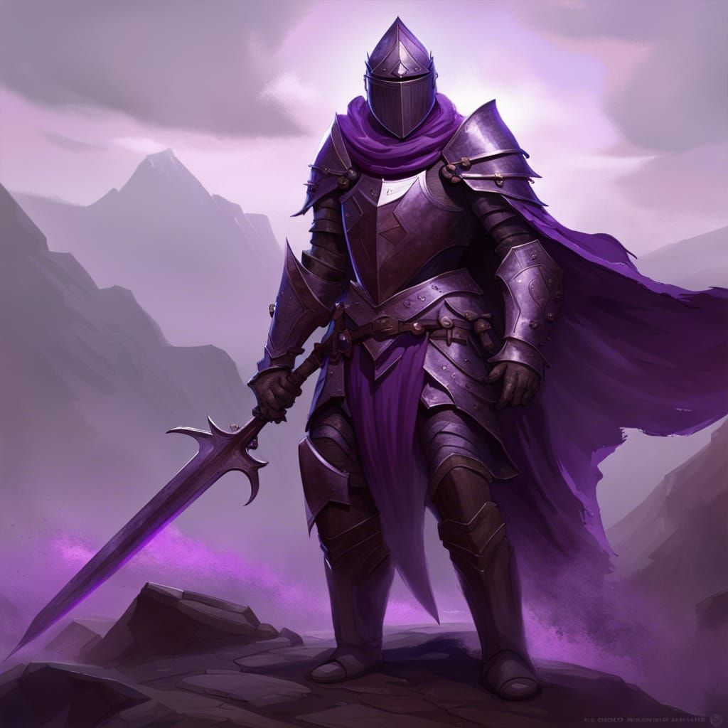 Knight, purple cloth around neck, full helmet, full armor, purple cloth ...