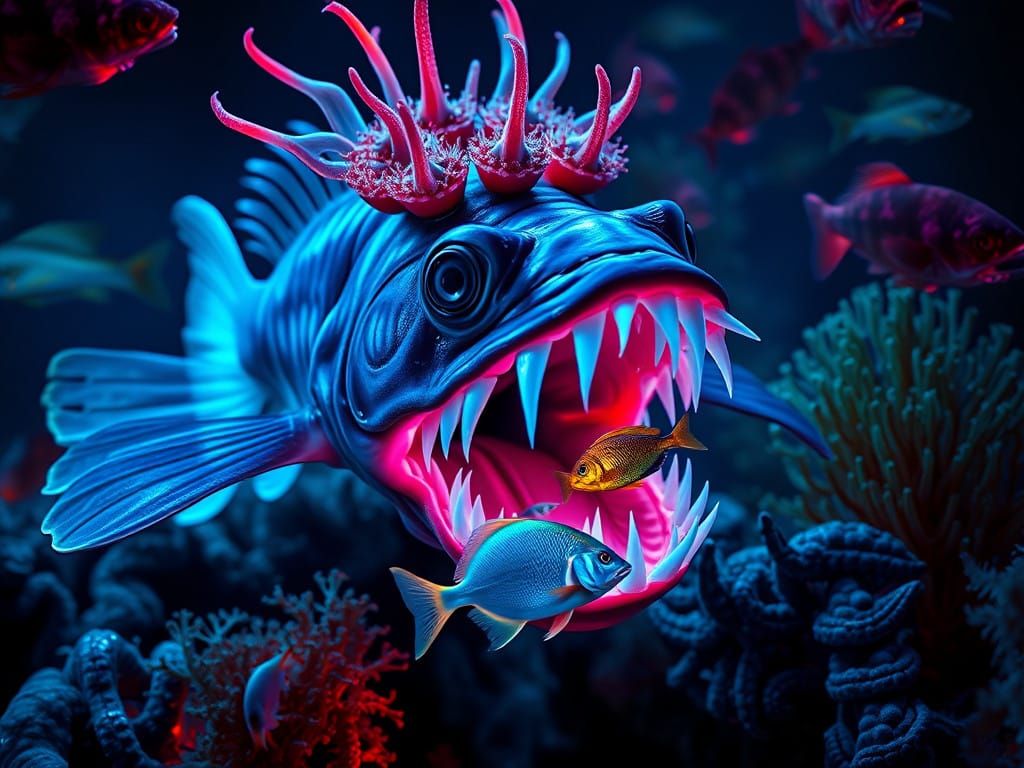 Bioluminescent Angler Fish in a Futuristic Abyssal... - AI Art