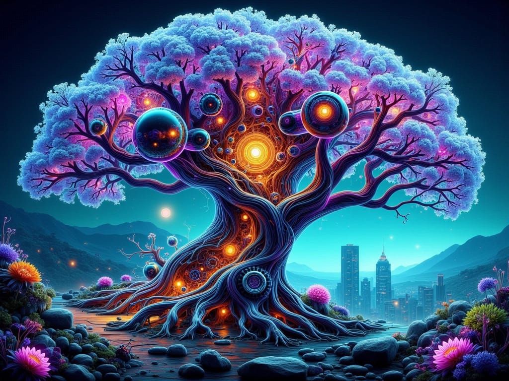 A translucent biological tree house set in a metallic biomechanical ...