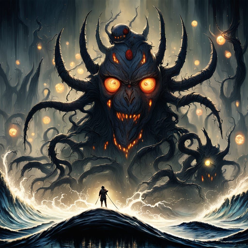 Mystical Hokusai Boat Confronts Twisted Sea Monste... - AI Art