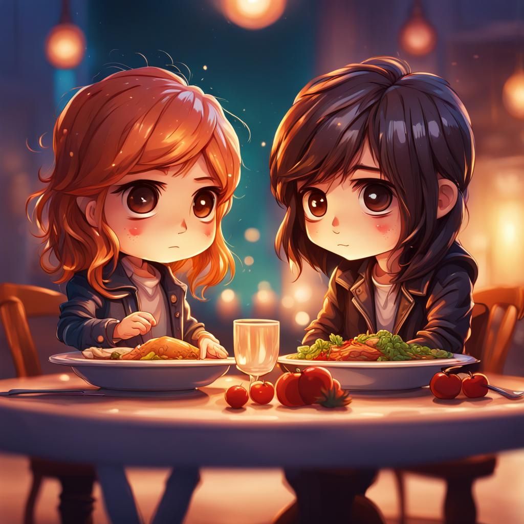 Two chibi lovers looking at each another over dinner. Hyperrealistic ...