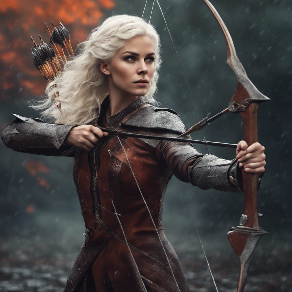 a pretty woman with platinum blonde hair, with a bow and arrow, archer ...