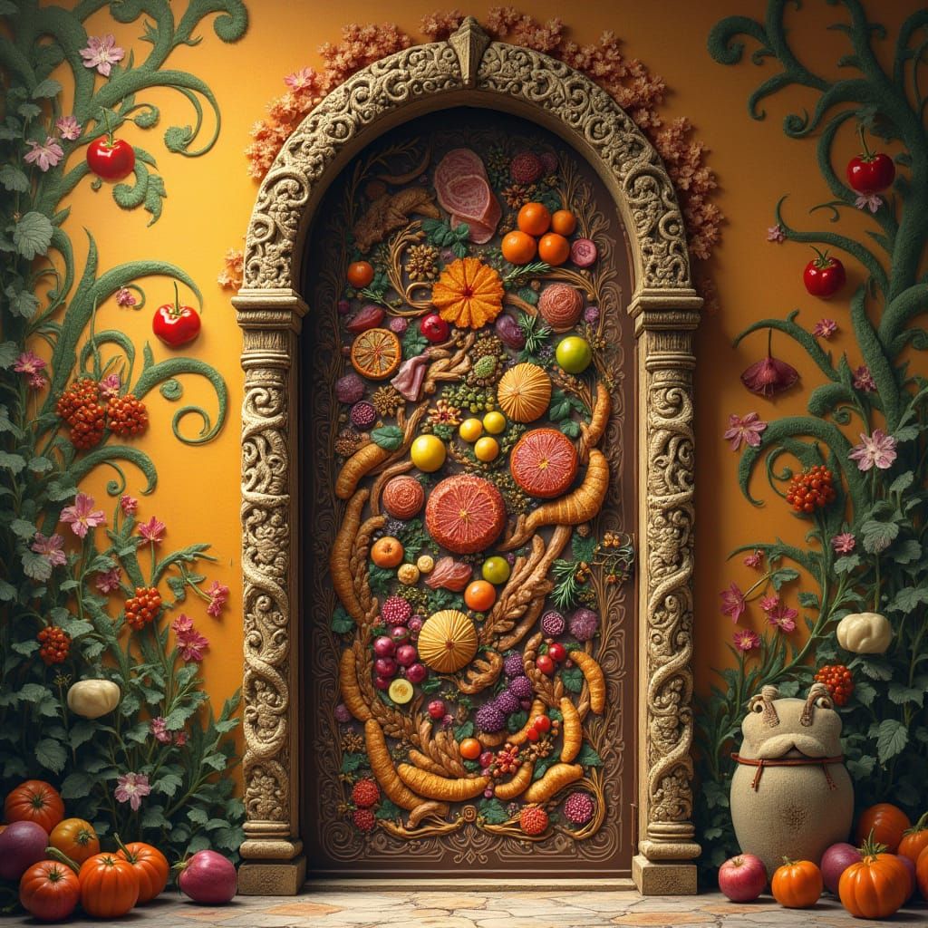 Whimsical Wooden Door in Folk Art Style - AI Art