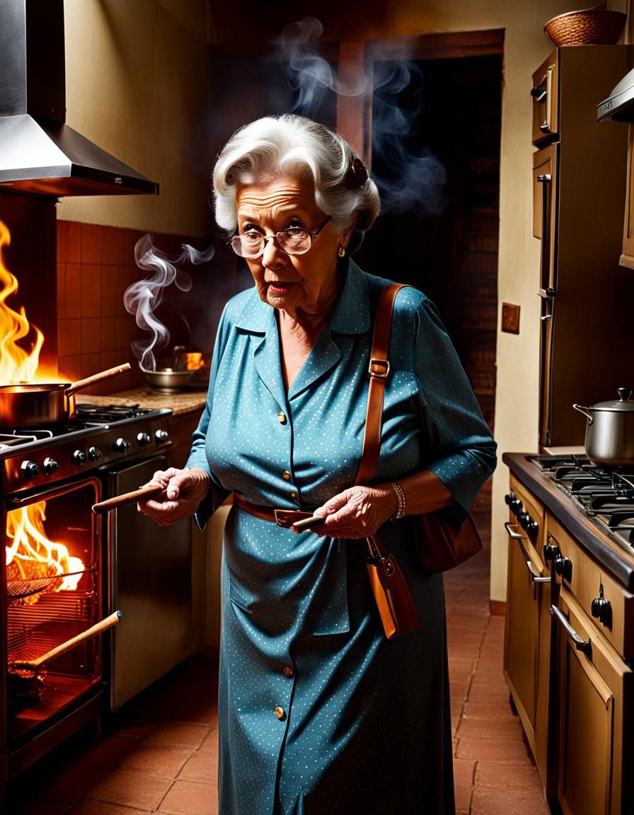 Granny walks out of a flaming kitchen, smoking a cigar