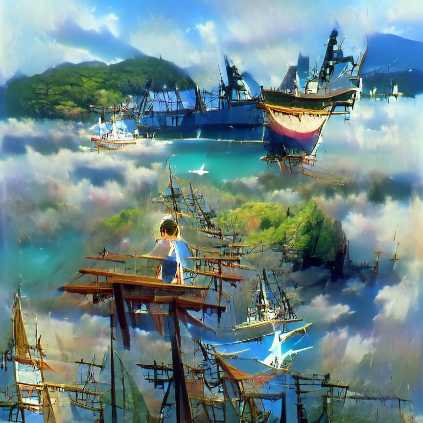 flying pirate ships and a boy looking from a dock Studio Ghibli, Anime ...