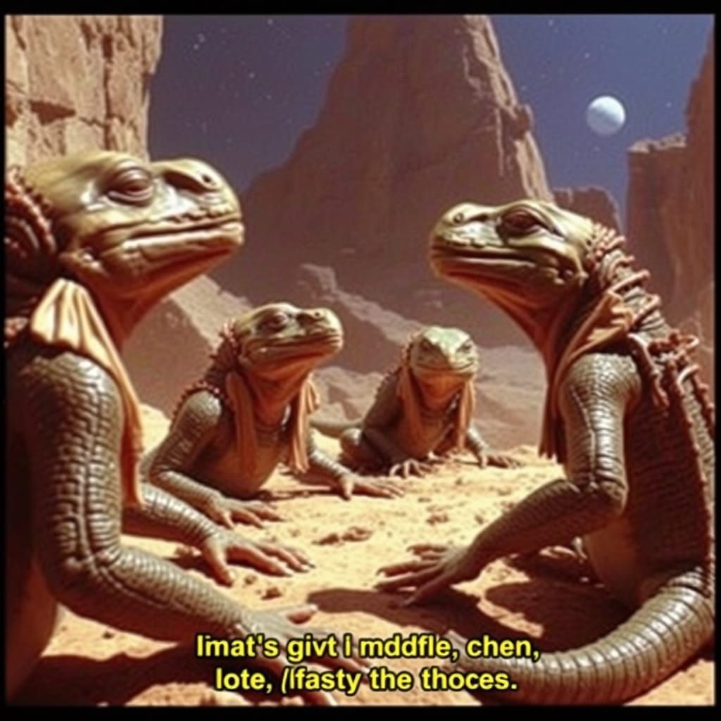 Surreal 80s Sci-Fi Lizard People in Ancient Subtit... - AI Art
