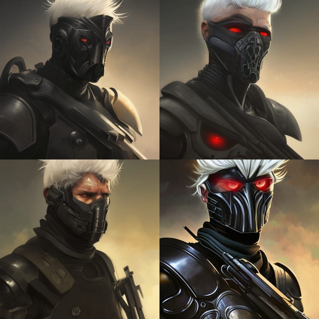 Male mercenary in black tactical combat armor with white hair with red ...