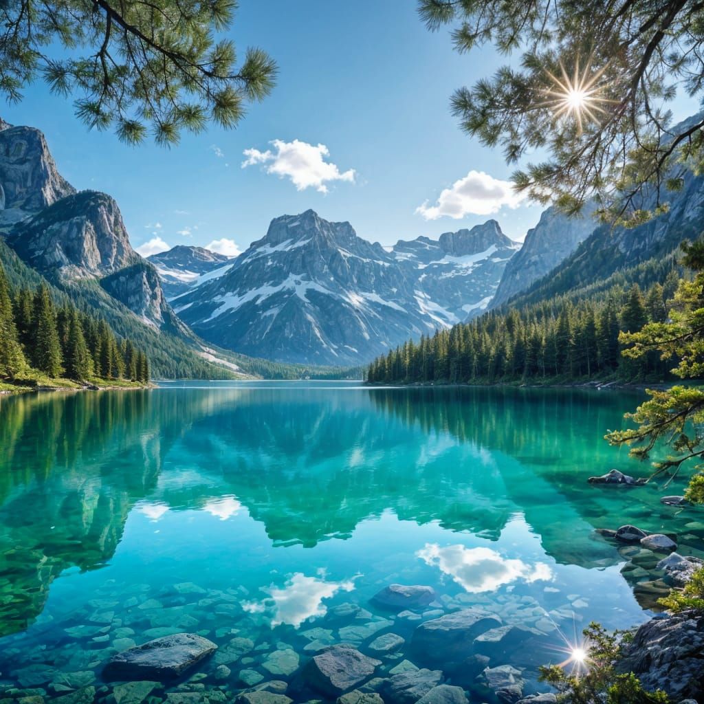 Alpine lake - Serene Alpine Lake Reflection in Photorealisti...