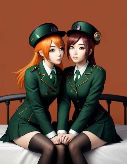 Kemono Twin Sisters Kissing: Manga Anime Style - AI Art