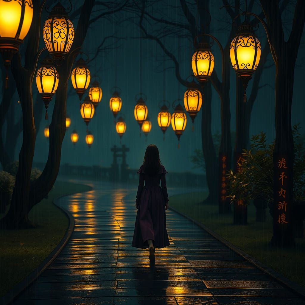Path of lanterns - Girl Walks Down a Lantern-Lit Path Under ...