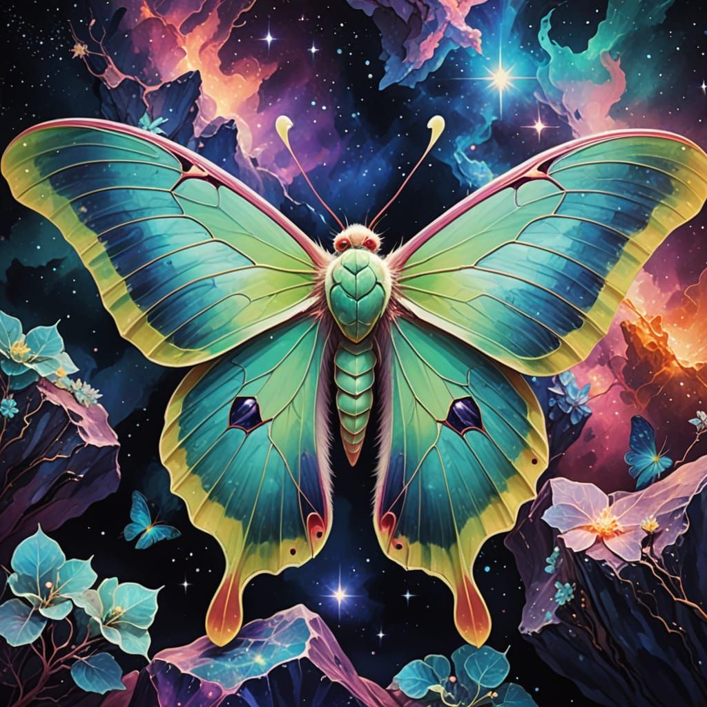 Luna's Moth - Surrealist Luna Moth in Ethereal Cosmic Landsc...