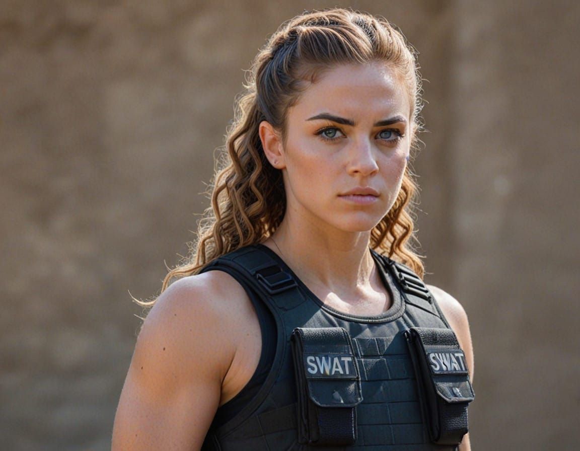 Young female Swat officer with long, luscious curly light brown hair ...