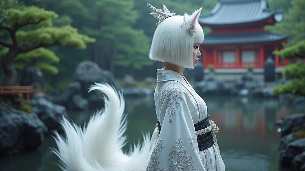 Kitsune in her garden - Kitsune Goddess in Japanese Garden