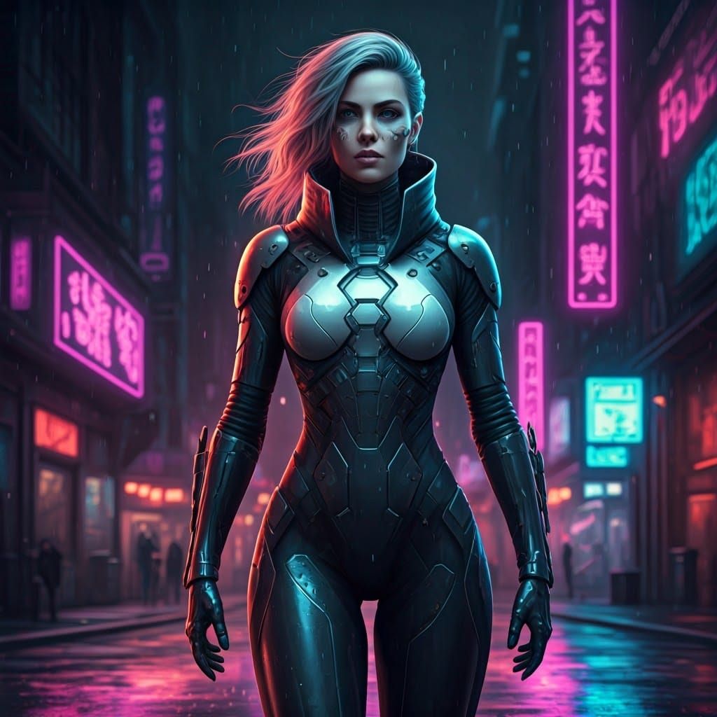 Cyberpunk Heroine in High-Gloss PVC Suit, Neon Lig... - AI Art