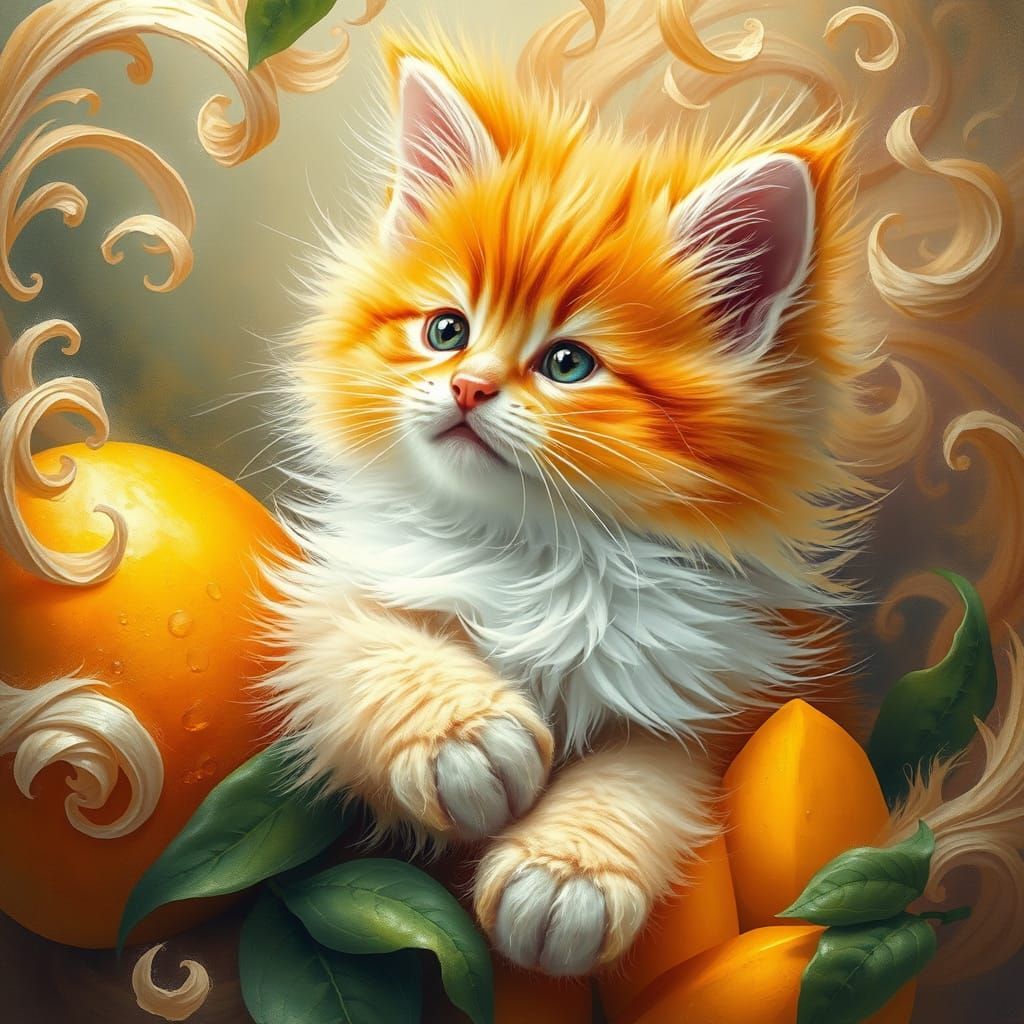 A mango mixed with a kitten - Whimsical Mango Kitten Mergin...