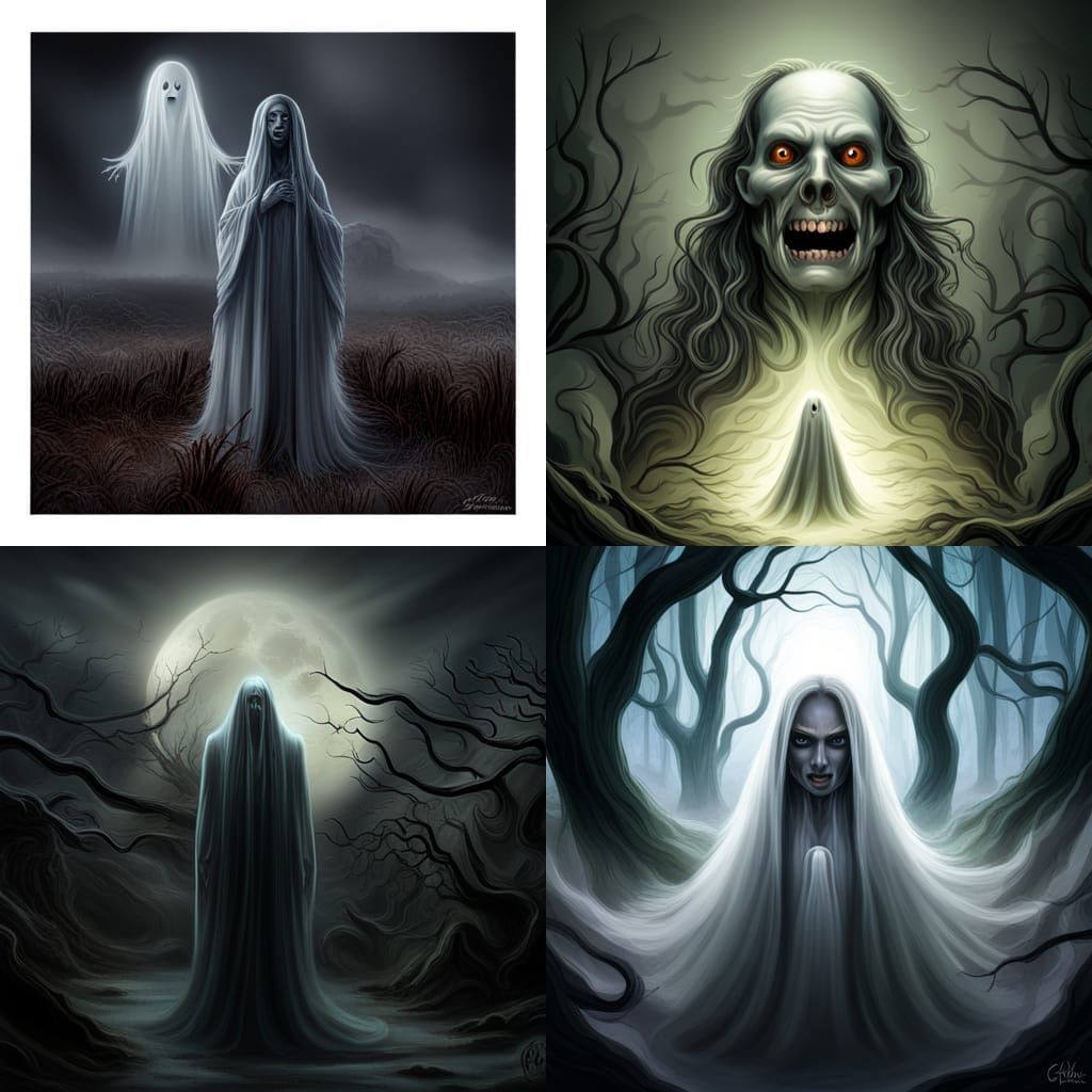 Generate a digital illustration of a ghostly apparition with glowing ...