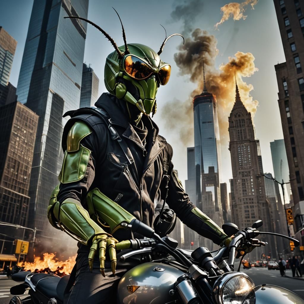 a giant praying mantis with a motorcycle helmet and sunglasses with ...