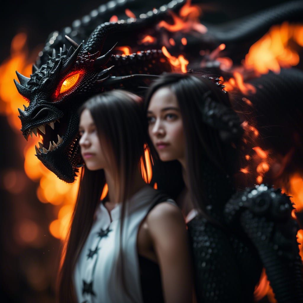 two female humanoids one tall and one short being engulfed in a black ...