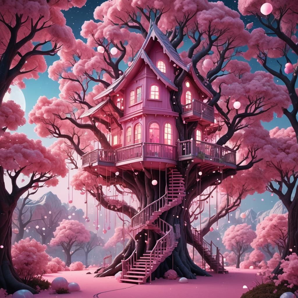 Pink Treehouse - AI Generated Artwork - NightCafe Creator