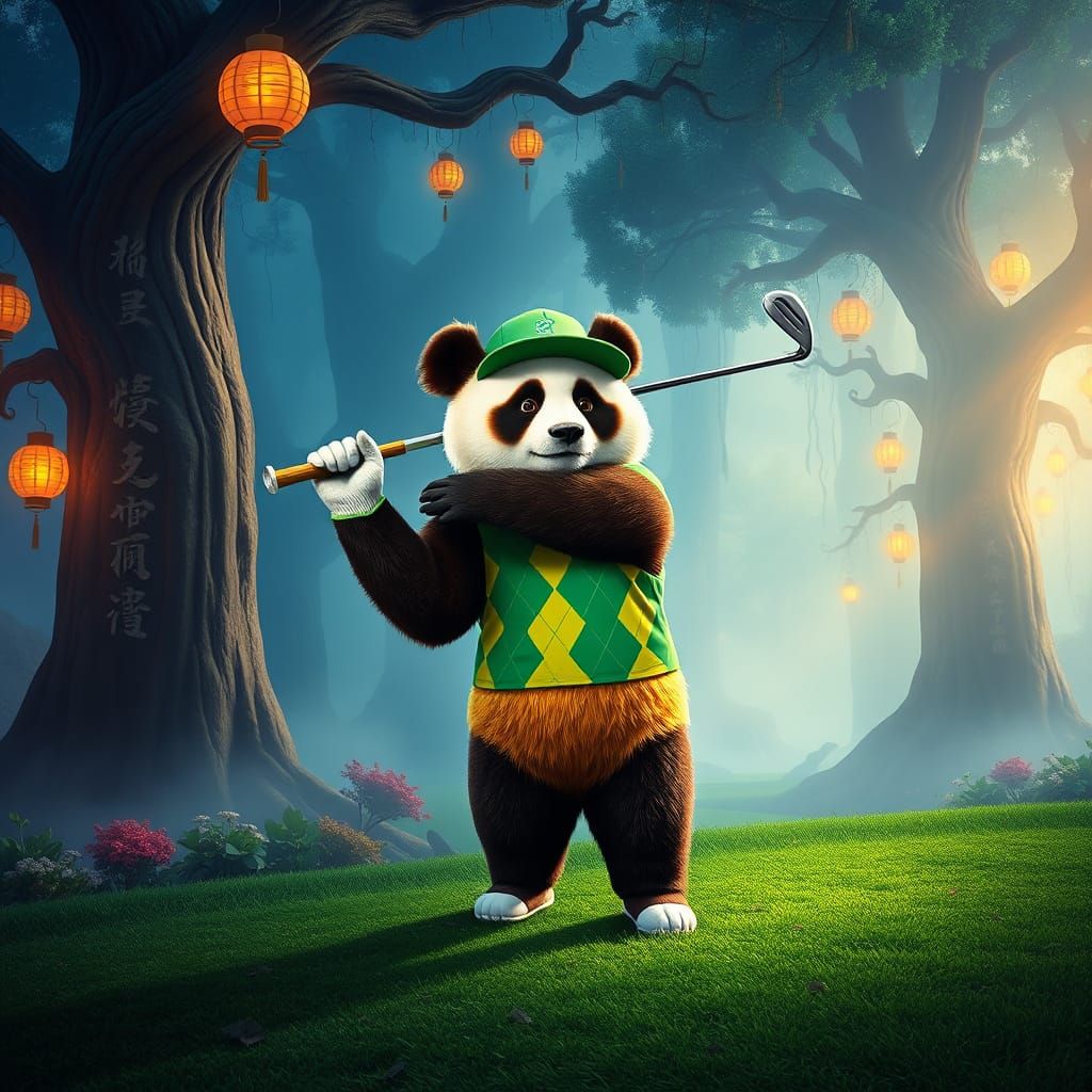 A panda golfing - Majestic Panda in Fantasy Golf Setting