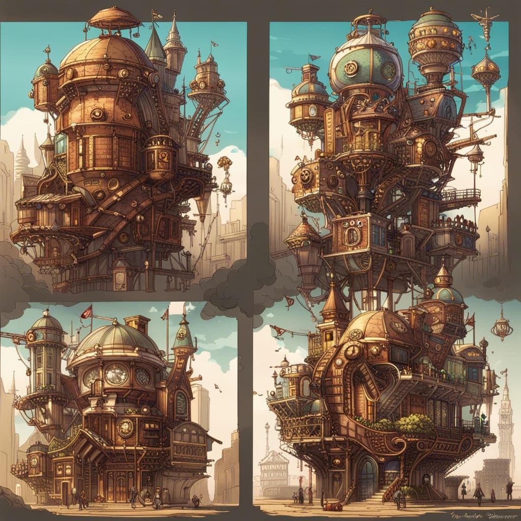 Steampunk architecture concepts. HD, 8k, elaborate, detailed digital art trending in artstation ...