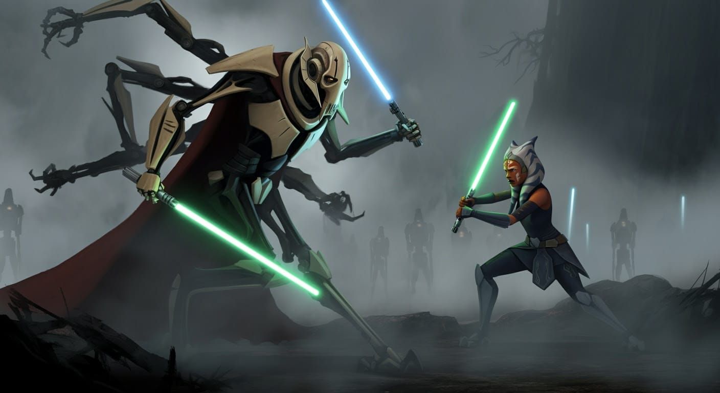 Intense battle scene between General Grievous and Ahsoka Tano.