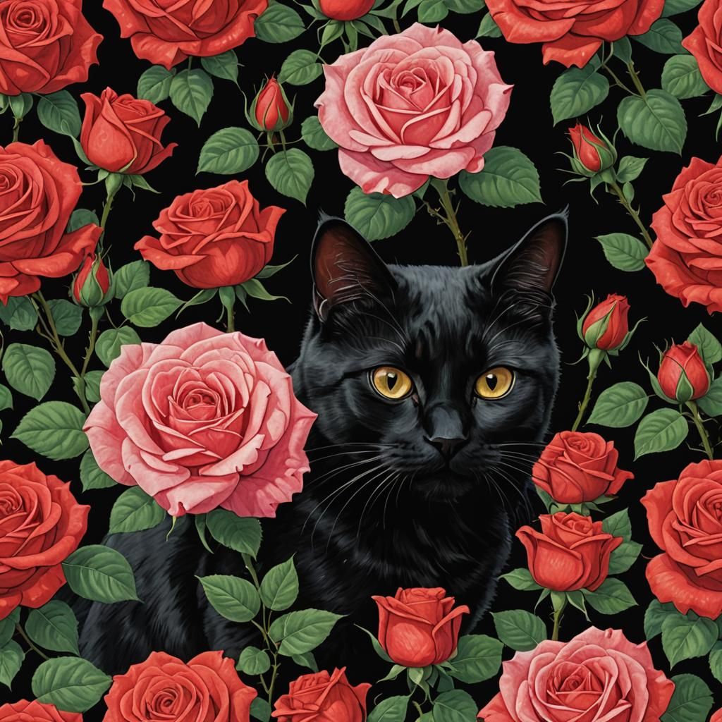 Black cat and roses - AI Generated Artwork - NightCafe Creator