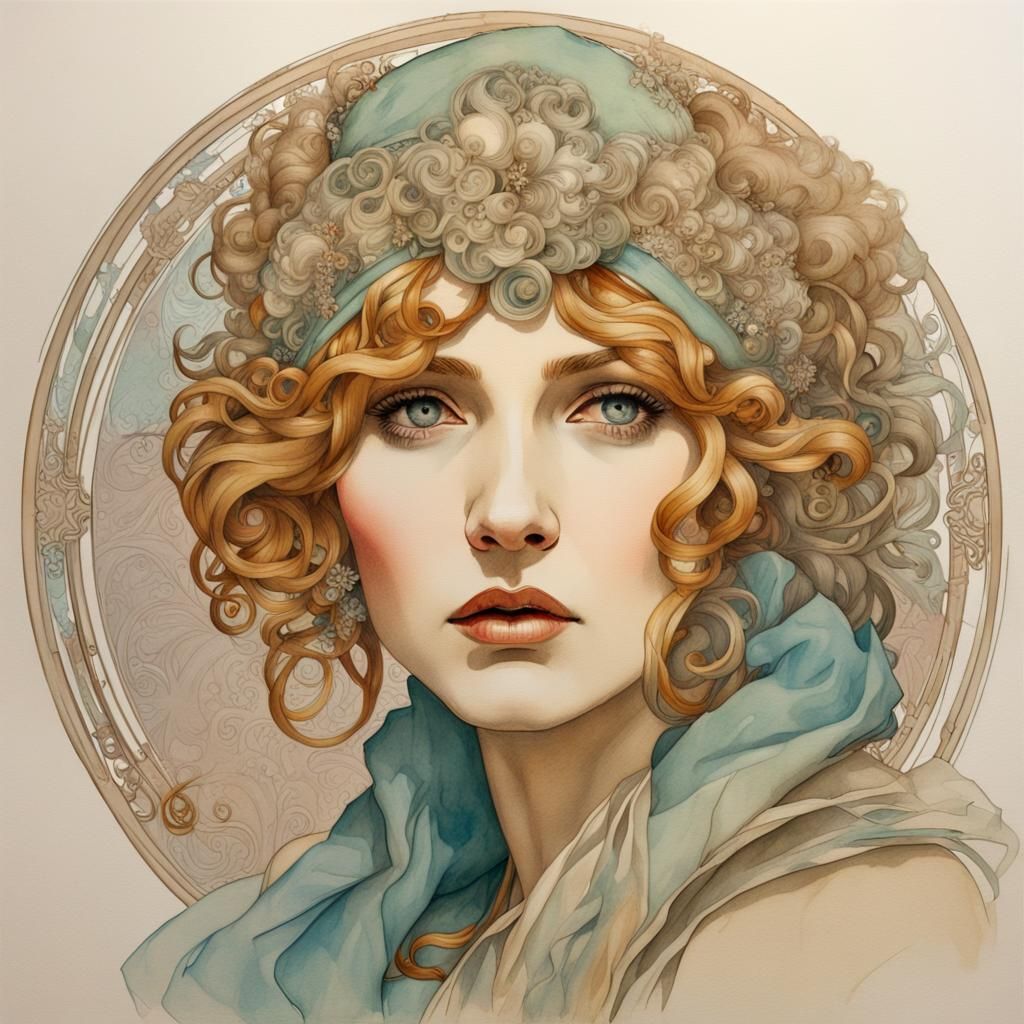 Portrait of an avant garde model by alphonse Mucha in metalic colors by ...