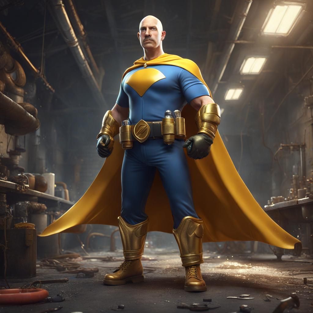 Plumber, wearing shirt with big golden S, super hero, bald, Plumber ...
